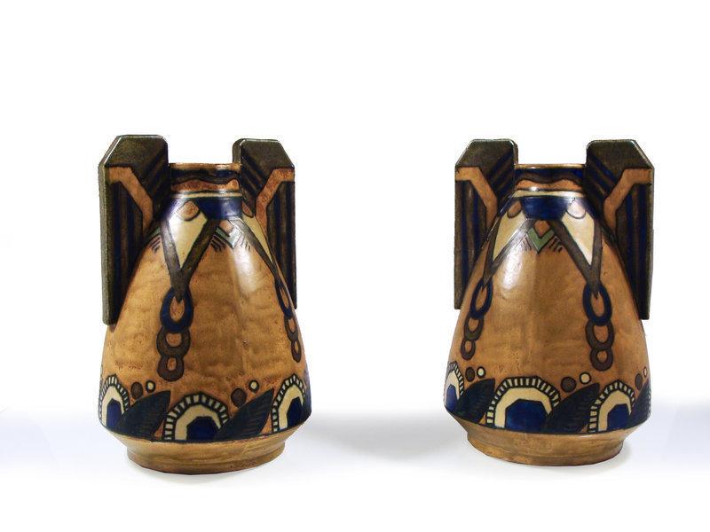 Georges RENAUD pour HB QUIMPER - Paire de grands vases en grès (Lot n ...